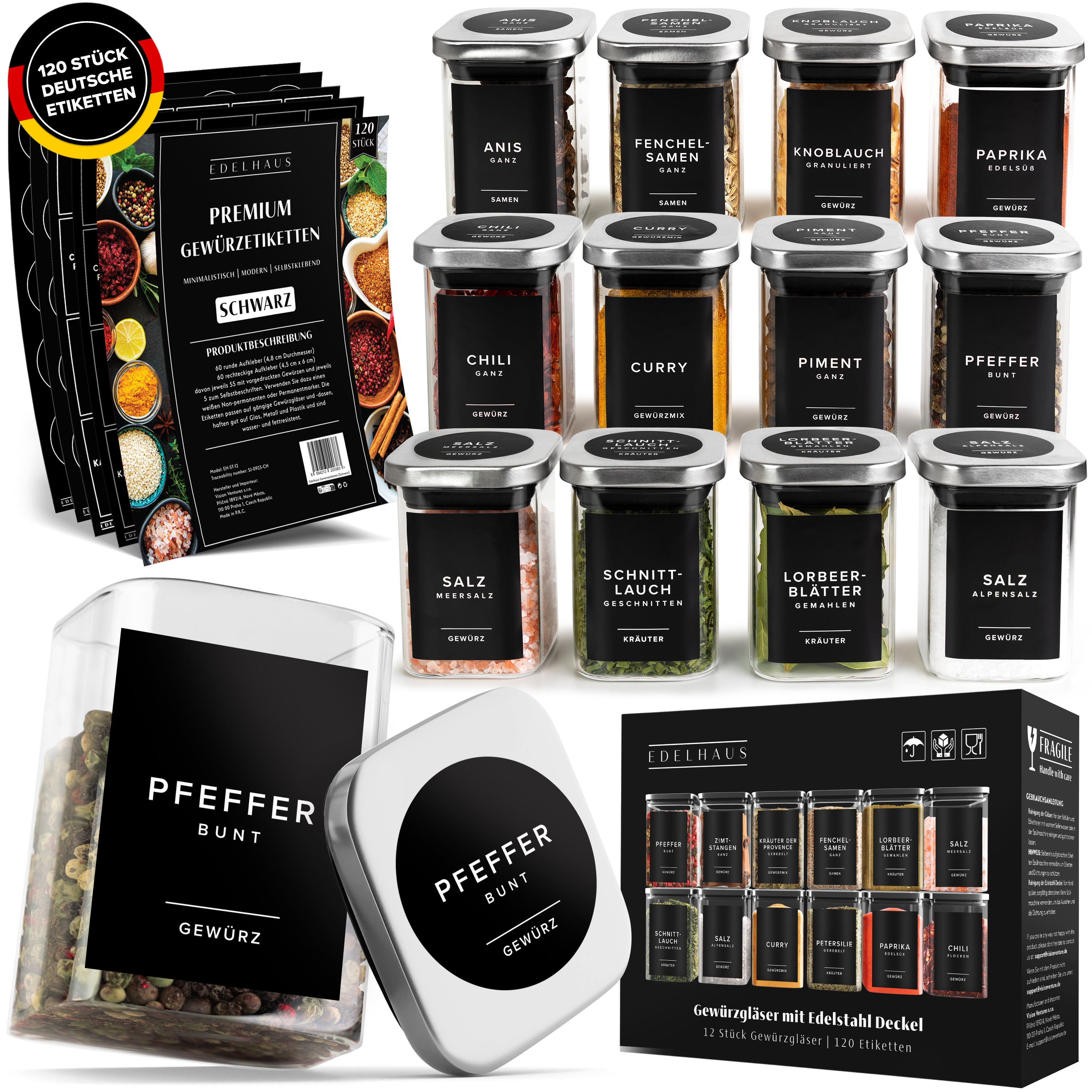Edelstahldeckel Gewürzgläser 190ml (12 Stück) mit 120 Etiketten – EDELHAUS